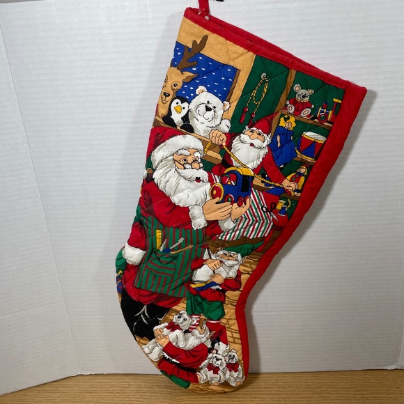 Holiday | Vintage Quilted Christmas Stocking Santas Workshop W Elves ...